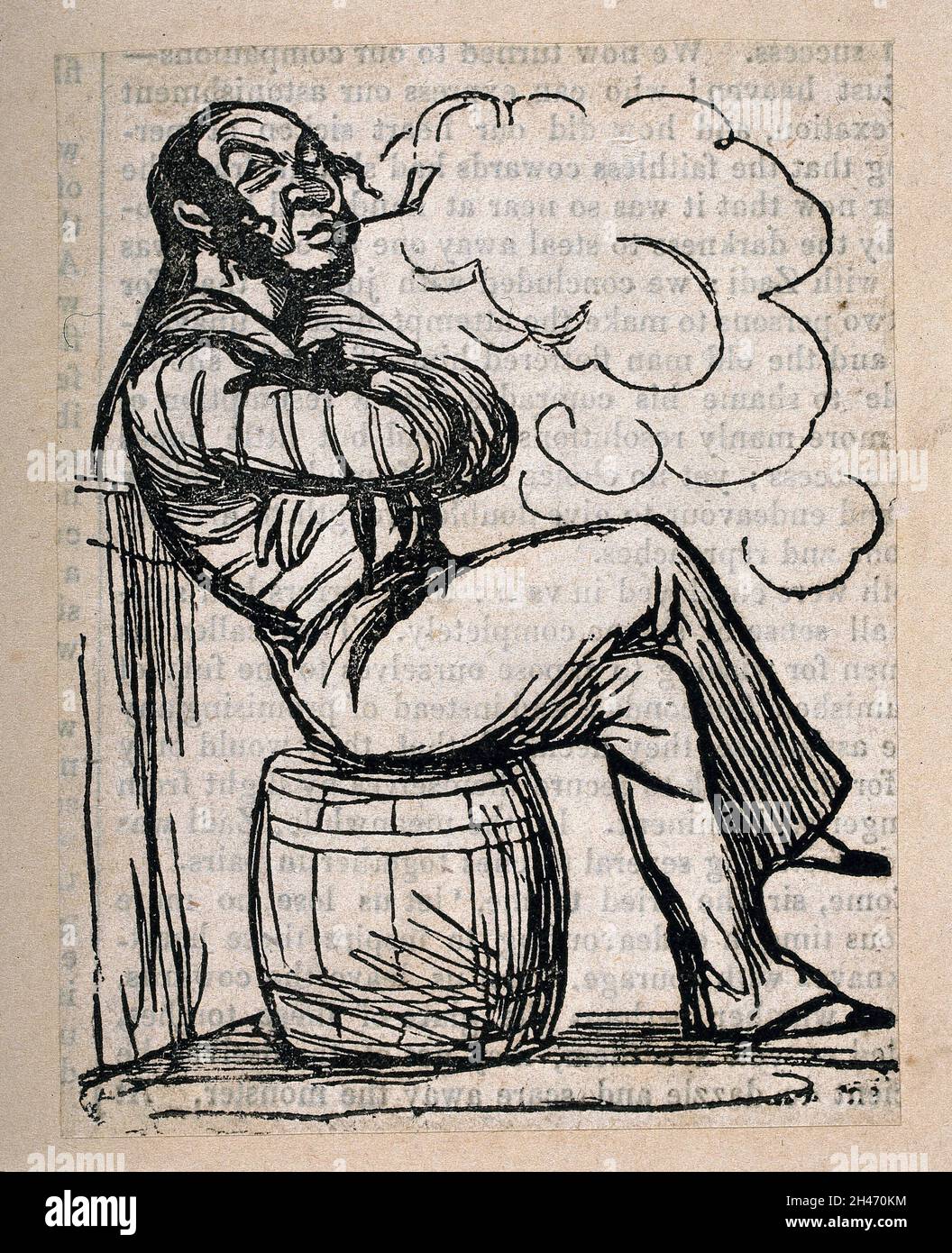 A sailor sitting on a barrel and smoking. Reproduction of a woodcut ...