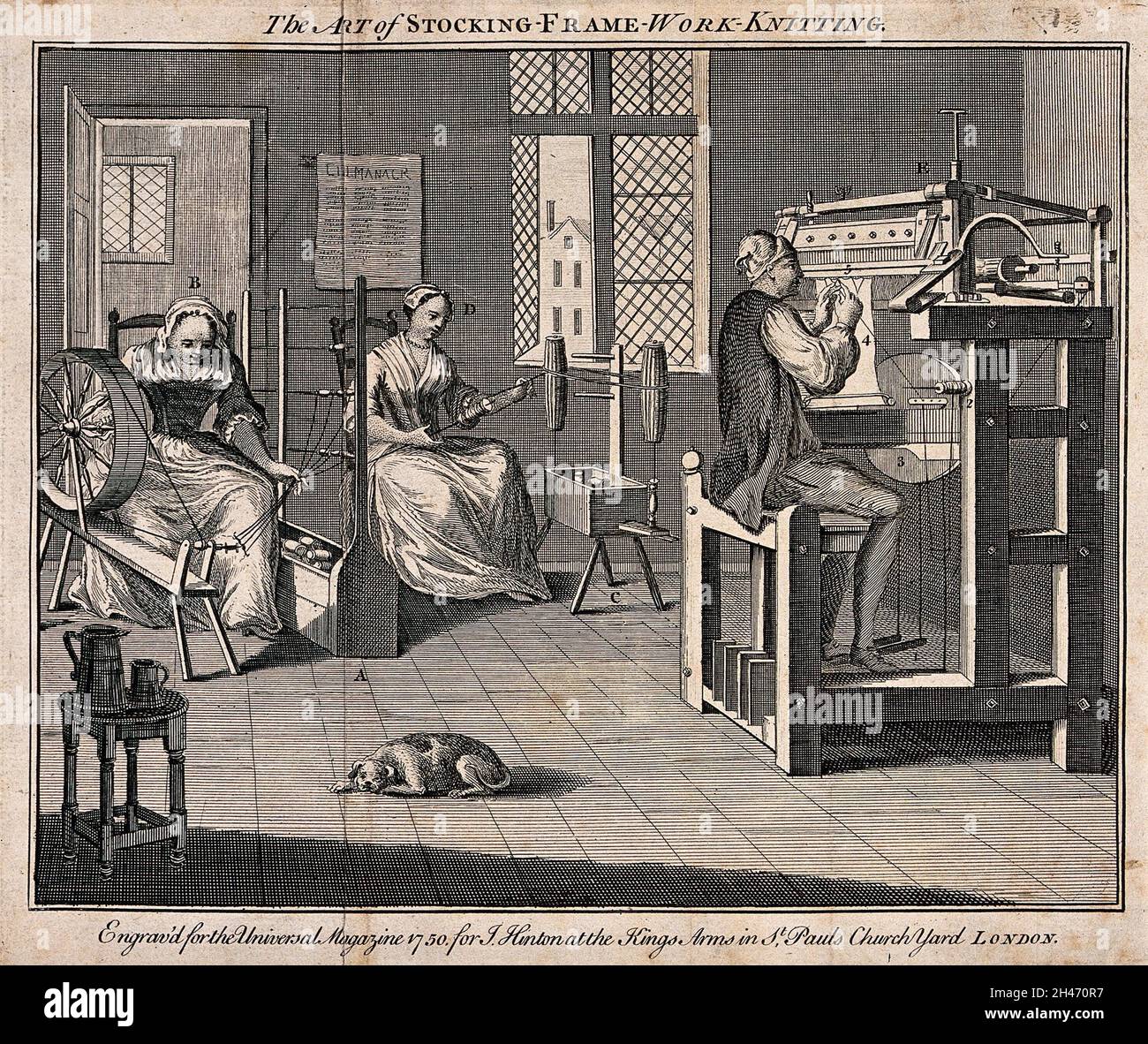 Spinners and stocking makers: interior view, a spinning wheel and a ...