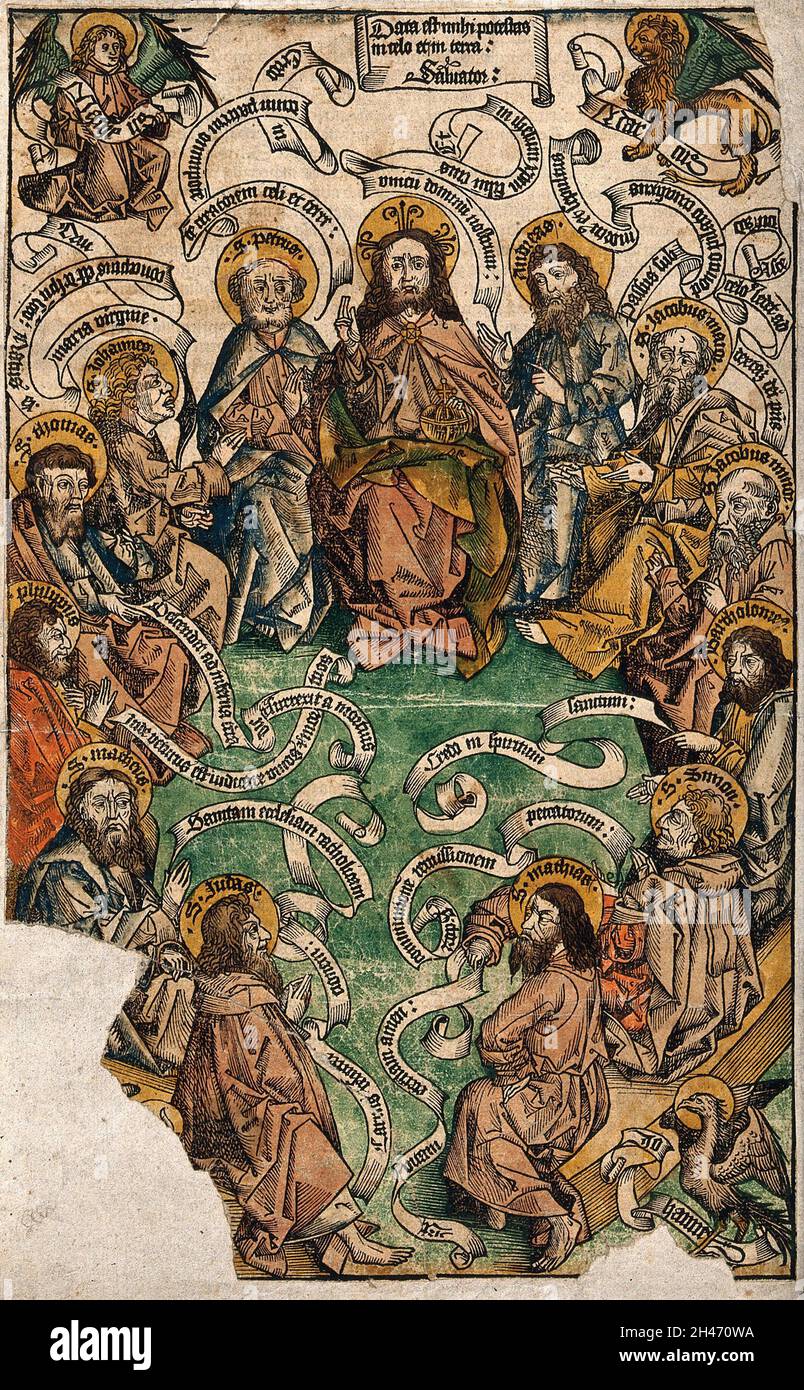 Christ as Salvator Mundi with the apostles. Coloured woodcut Stock ...