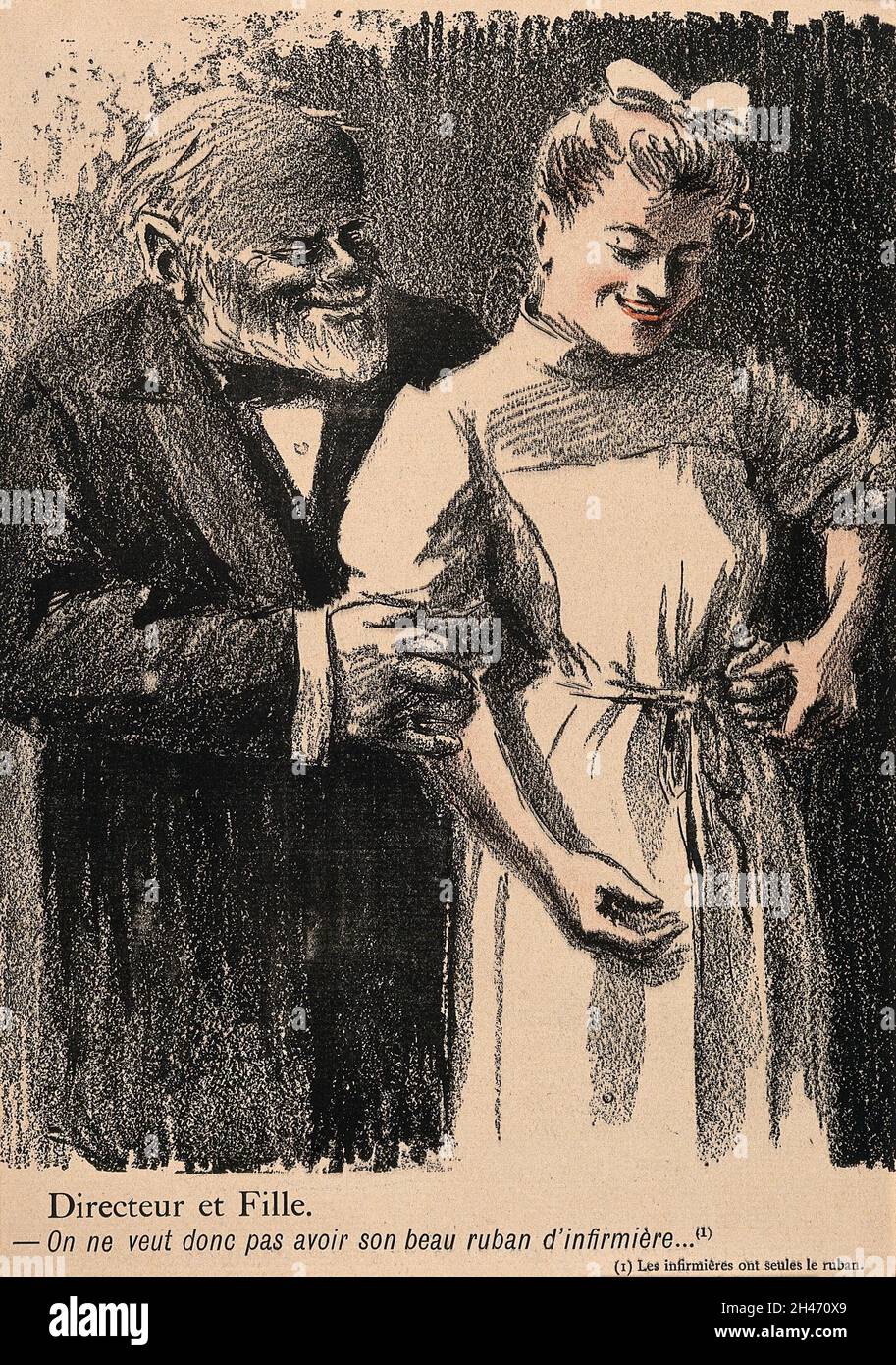 A nurse is cajoled by a director. Colour photomechanical reproduction ...