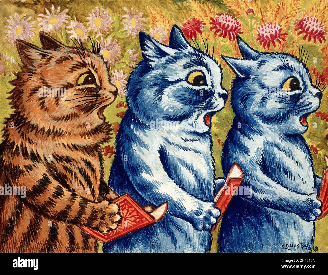 Three cats singing. Gouache by Louis Wain, 1925/1939 Stock Photo - Alamy