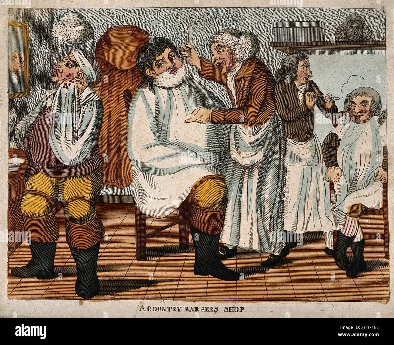 A country barber shaving a farmer; another farmer looks into a mirror ...