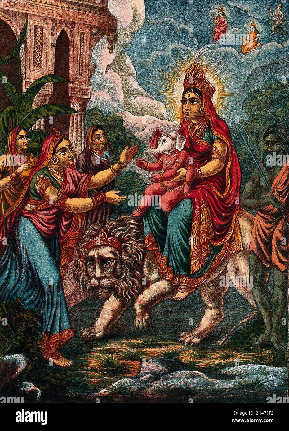 A goddess probably Parvati as Durga riding on a lion presenting an ...