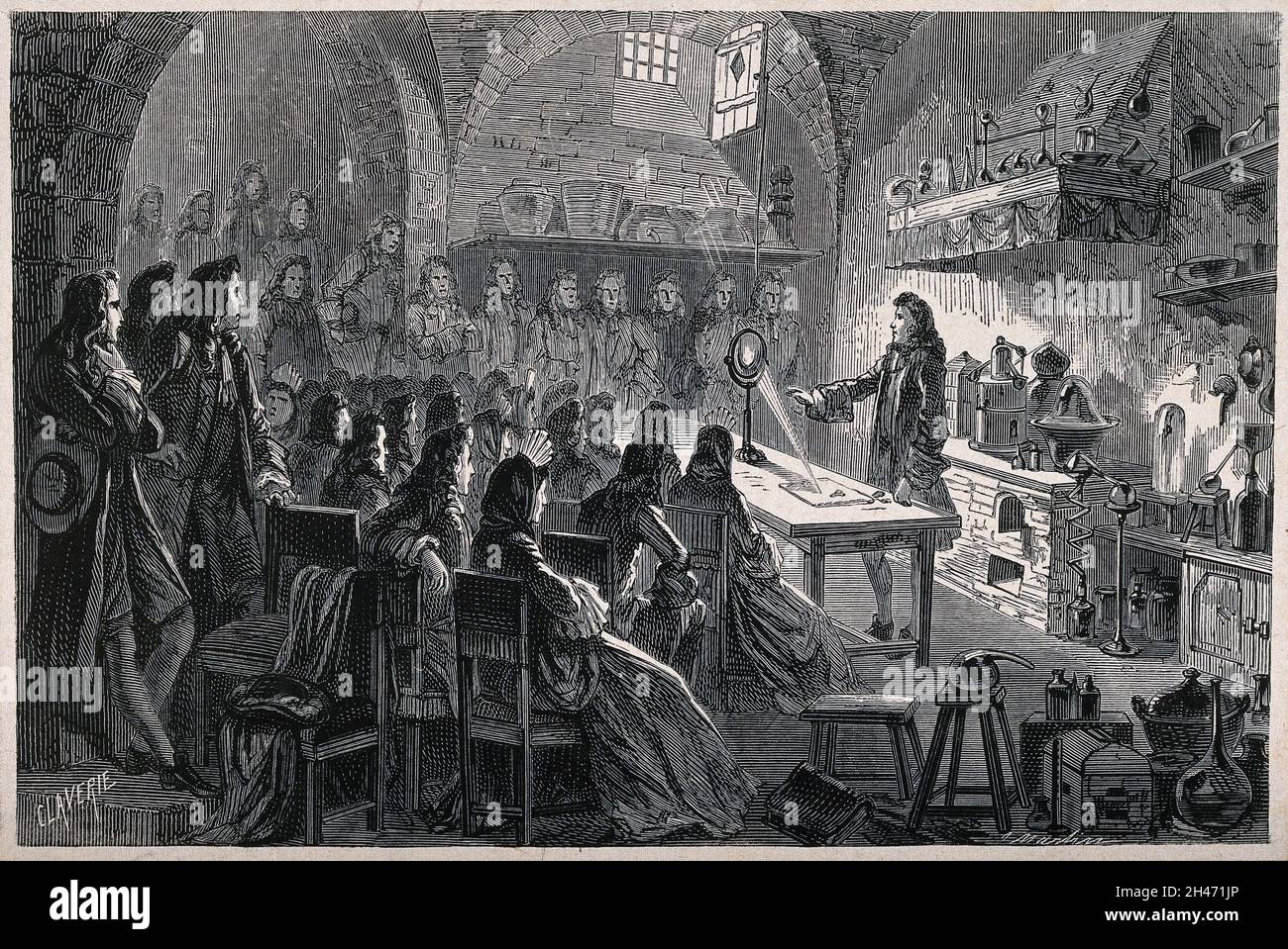 Sir Isaac Newton (?) showing an optical experiment to an audience in ...