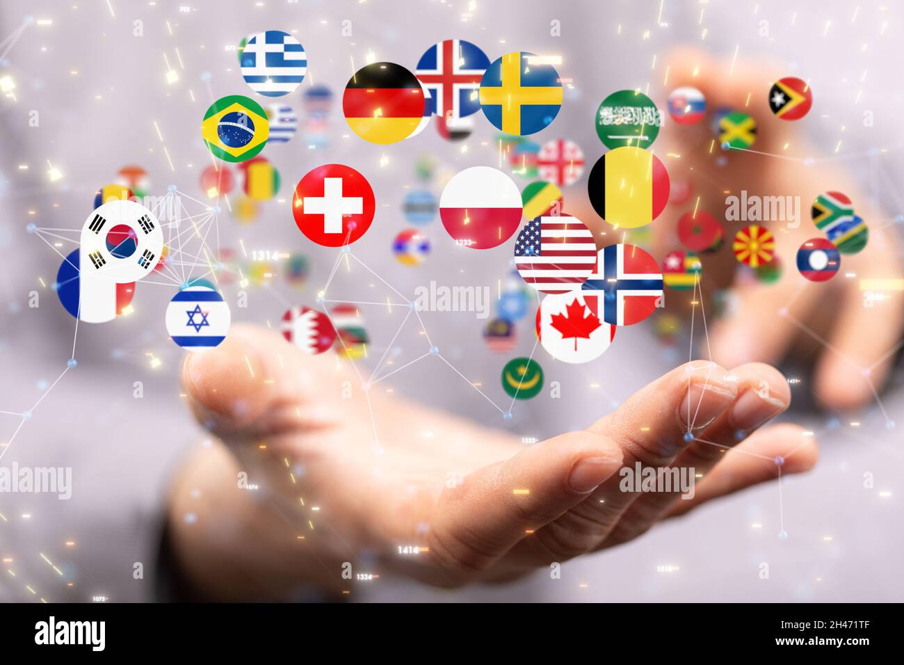 Person presenting the virtual projection of international country flags ...