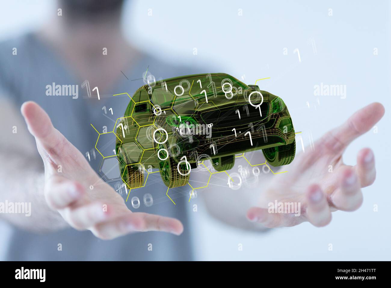 Person presenting the virtual projection of autonomous online car icon ...