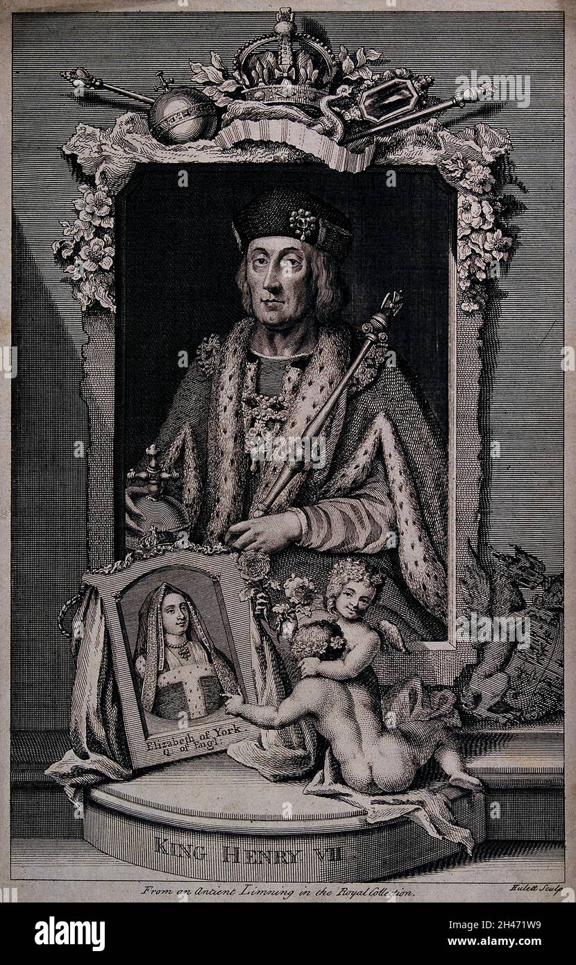 King Henry VII, holding a sceptre and an orb; below, Elizabeth of York ...
