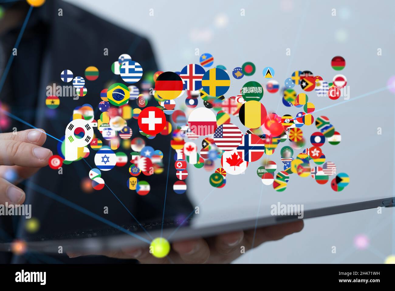 Person presenting the virtual projection of international country flags ...