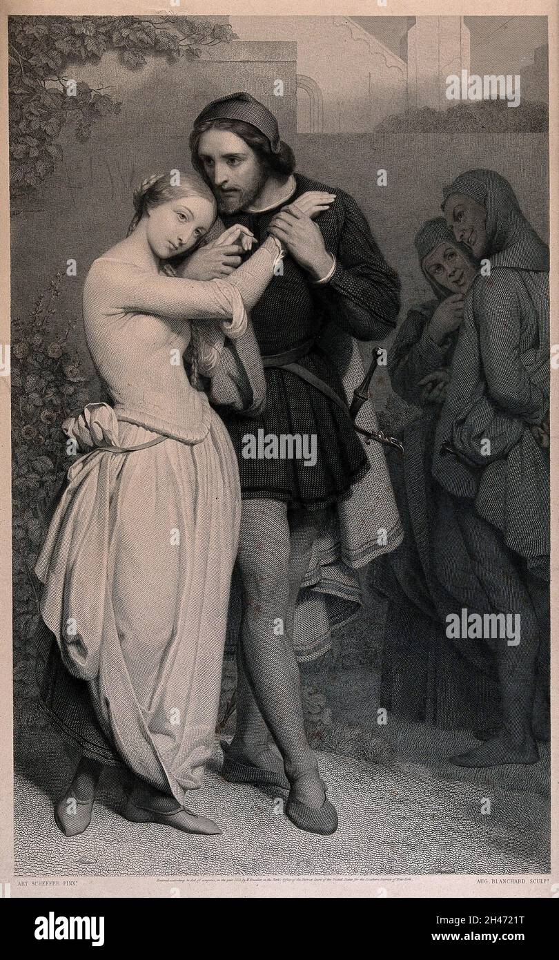 Faust and Marguerite in the garden walking hand-in-hand. Engraving by A ...