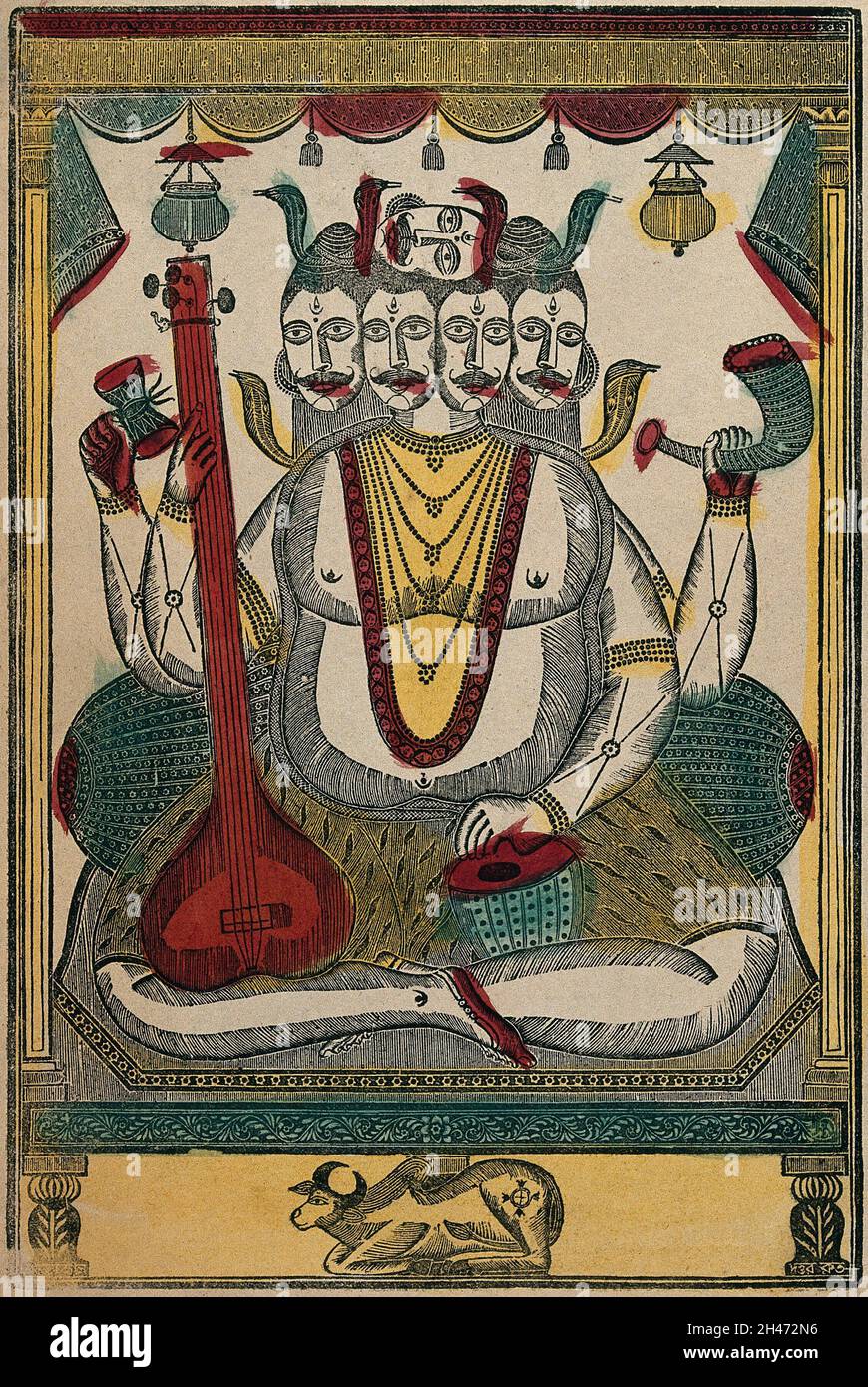 Five-headed Shiva playing musical instruments. Coloured transfer ...