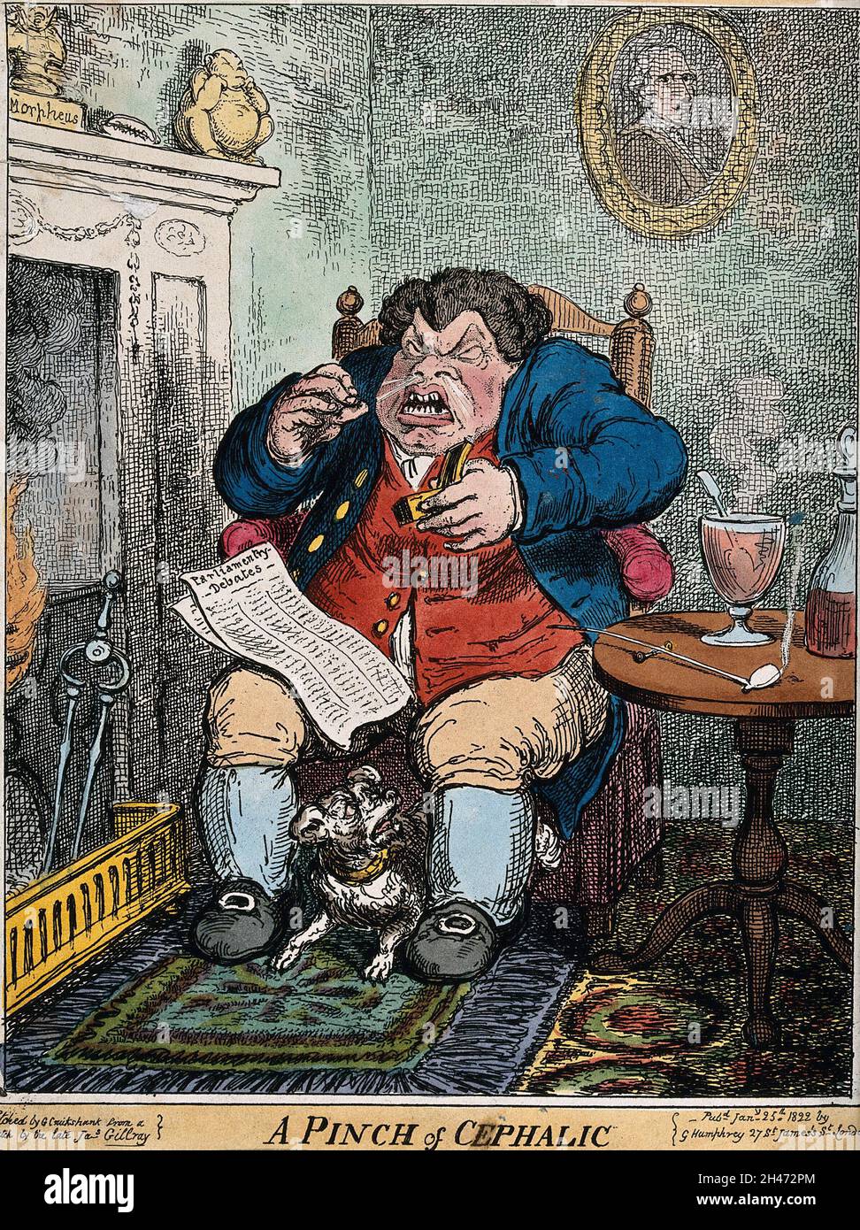A fat man sits at his fireside taking snuff with a smoking pipe and ...
