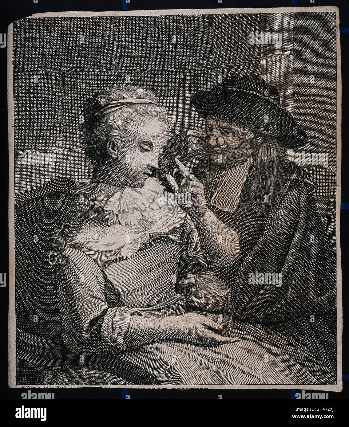 A young blind woman gives a cleric a sum of money, while he peers ...
