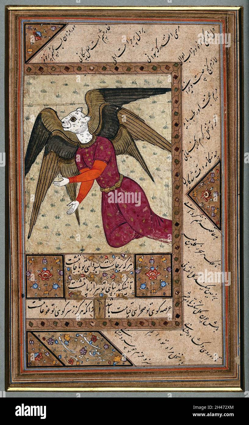 An angel with triple wings and a white leopard's head. Gouache painting ...