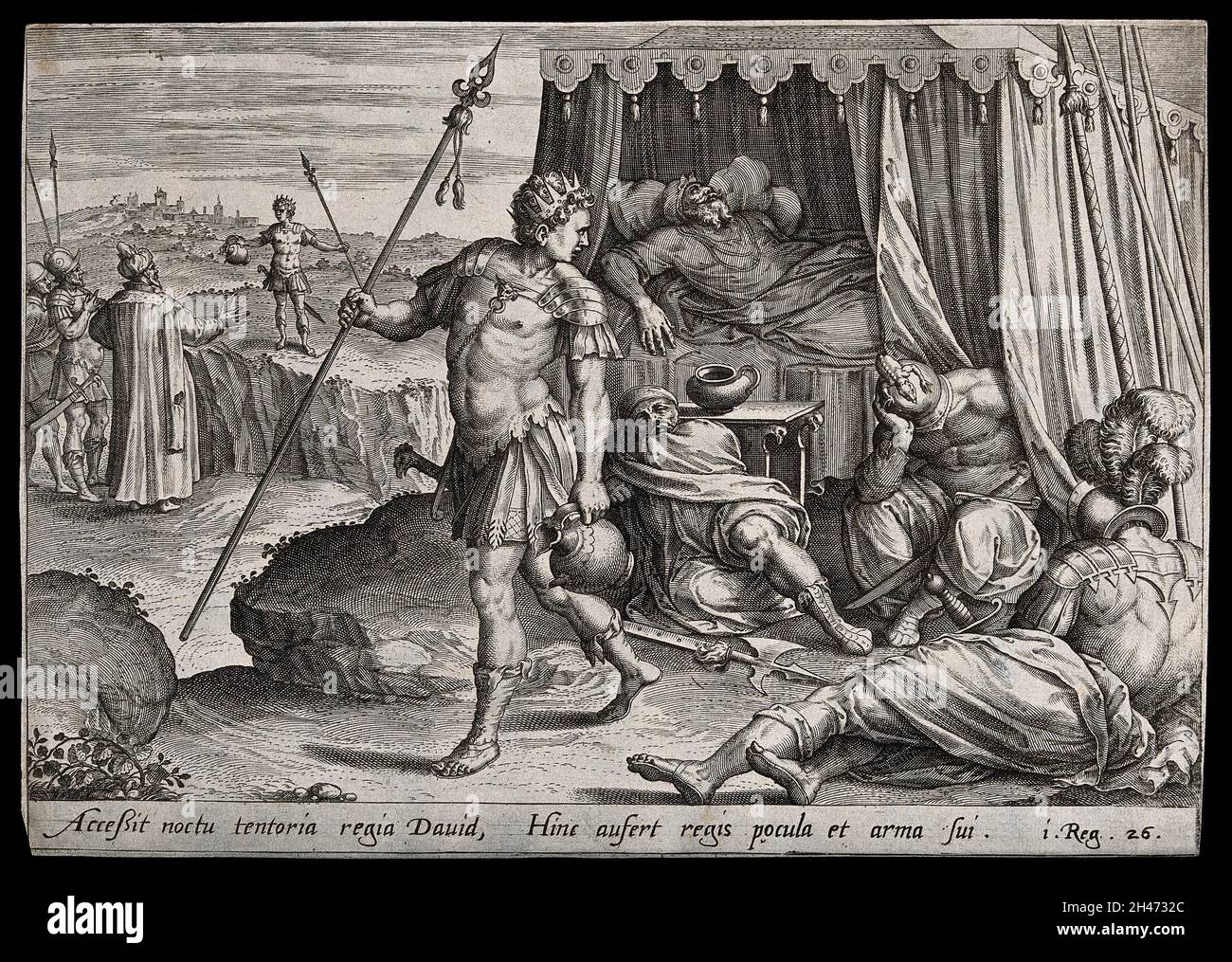 David steals a spear and jug from Saul, who lies deep in a sleep ...