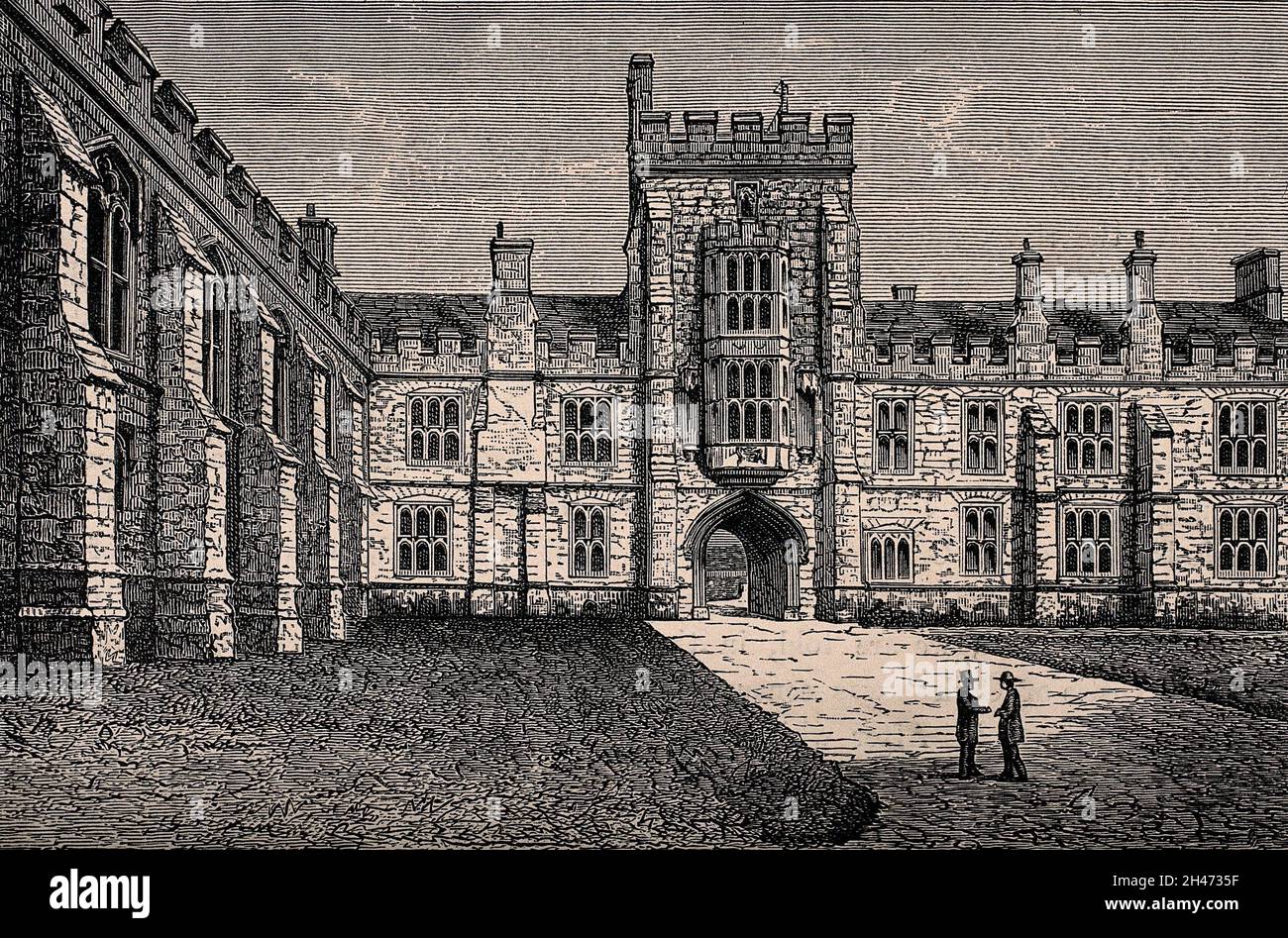 Queen's College, Oxford: quadrangle. Wood engraving Stock Photo - Alamy