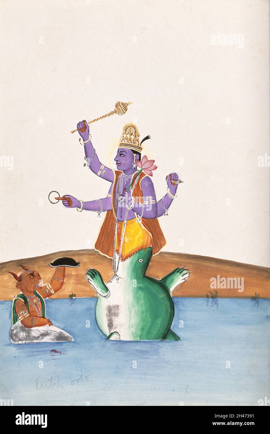 Vishnu fighting with the conch shell demon with Kurma's help. Gouache ...