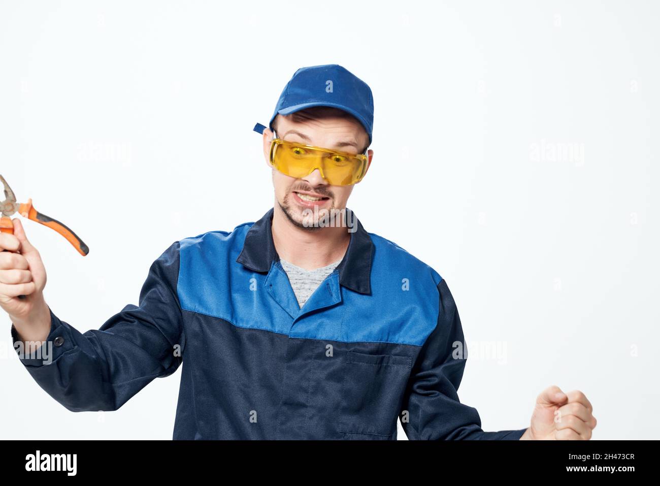 worker in yellow construction glasses emotions isolated background ...