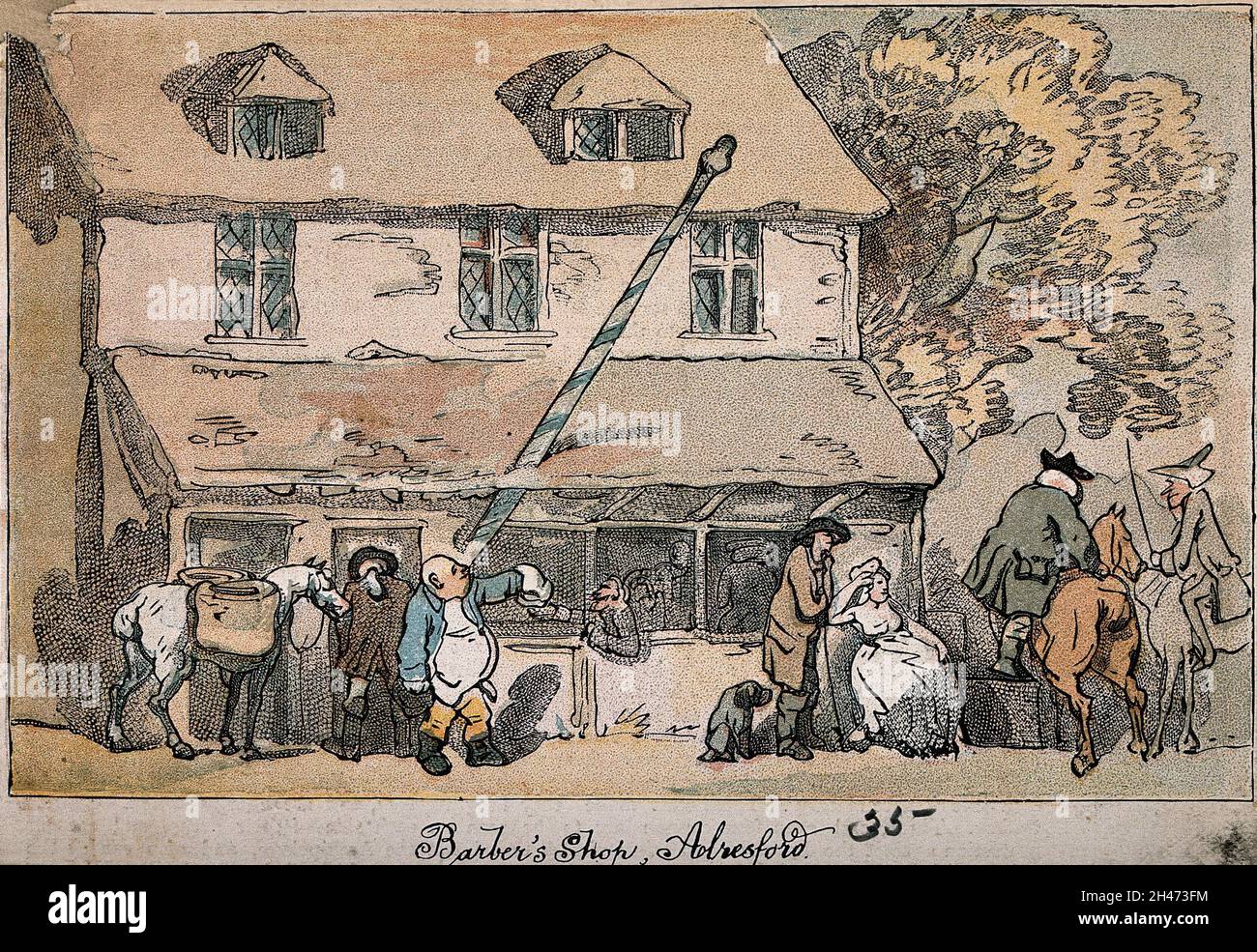 A barber's shop, Alresford, Essex. Colour process print, 1891, after T ...