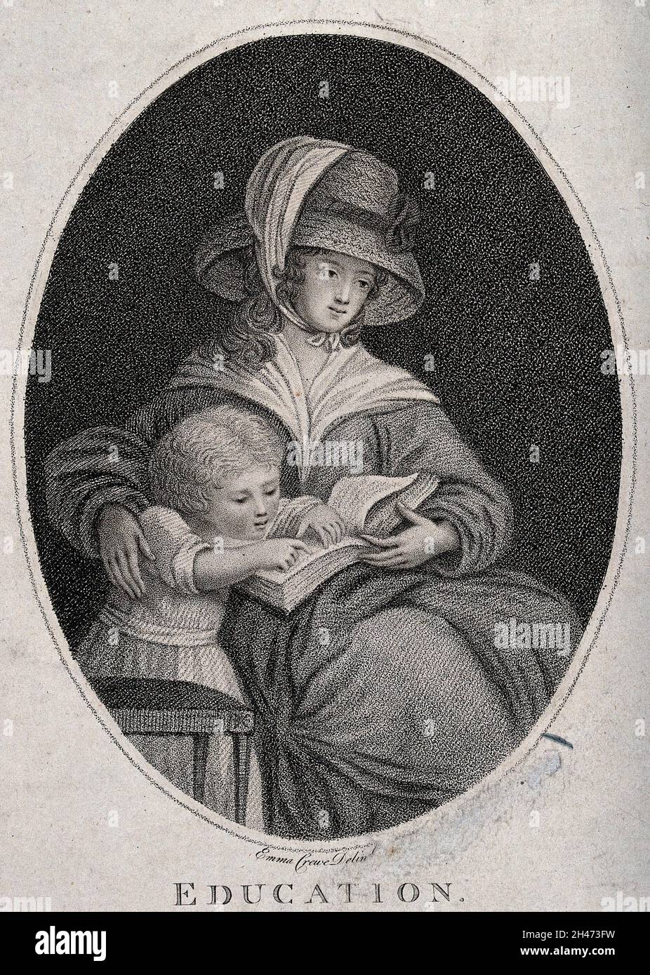 A young woman sits with a book on her knee and a child by her side ...