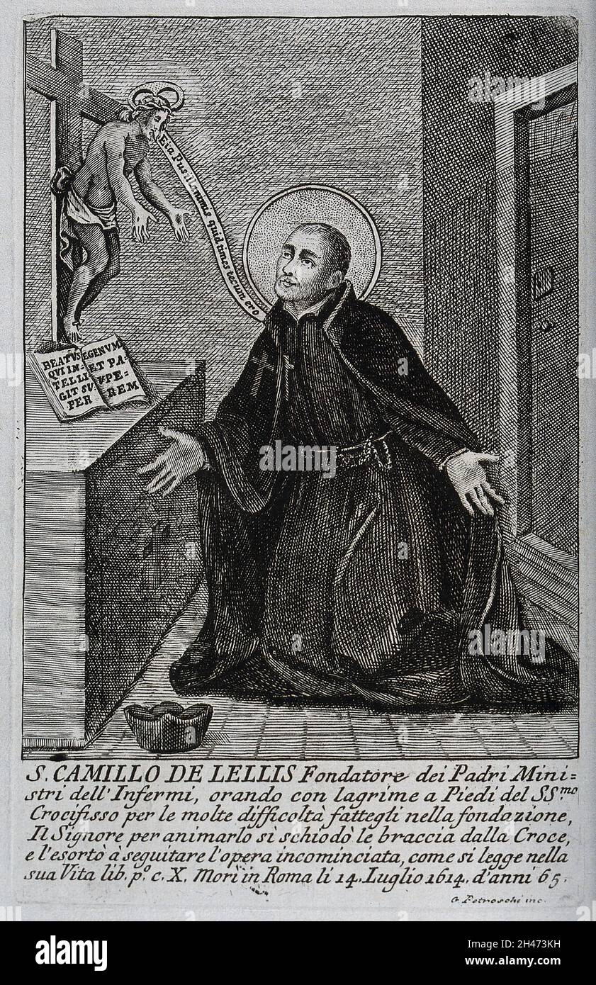 Saint Camillus de Lellis praying before an altar. Engraving by G ...