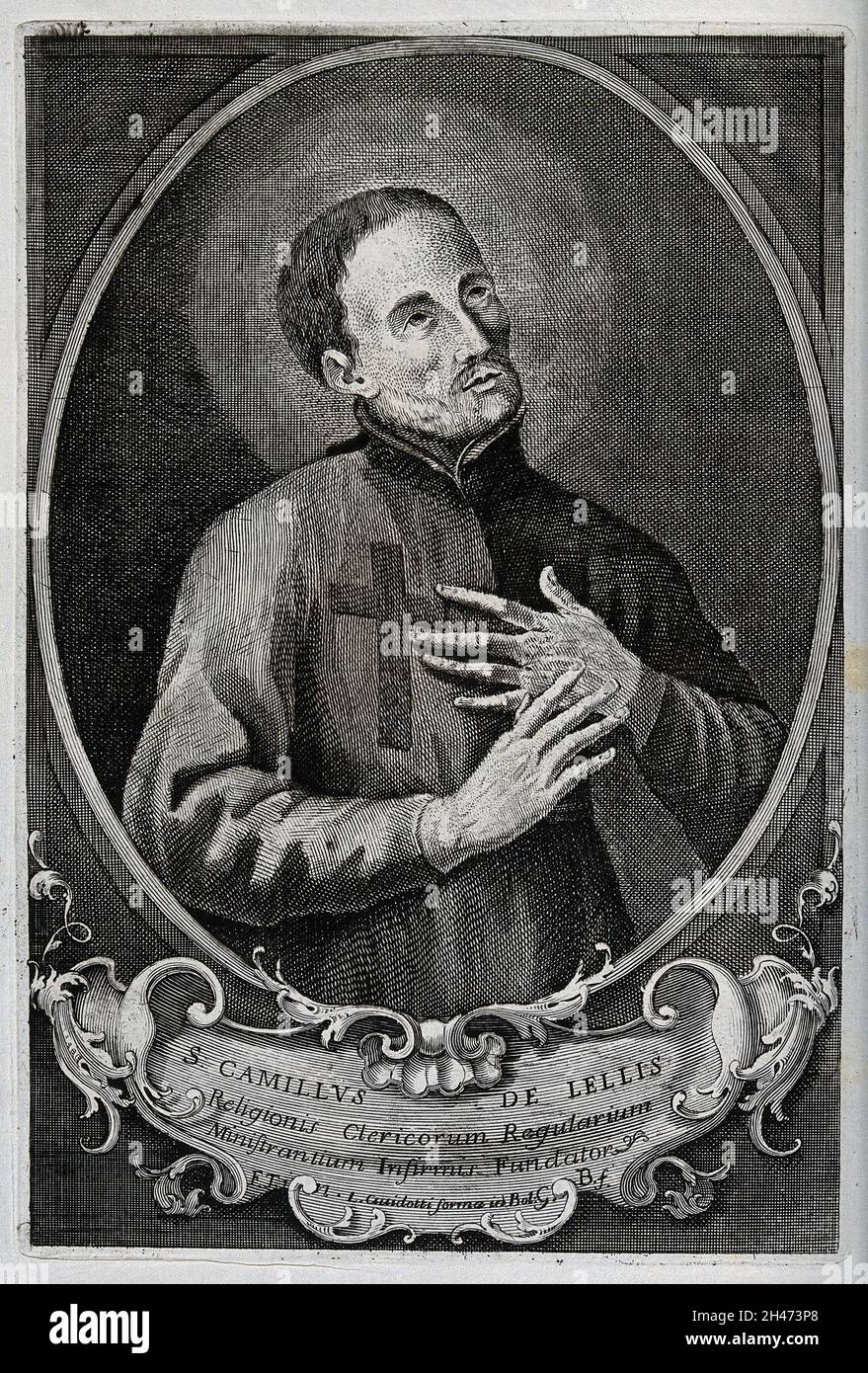 Saint Camillus de Lellis. Engraving by G.B. after F.T Stock Photo - Alamy