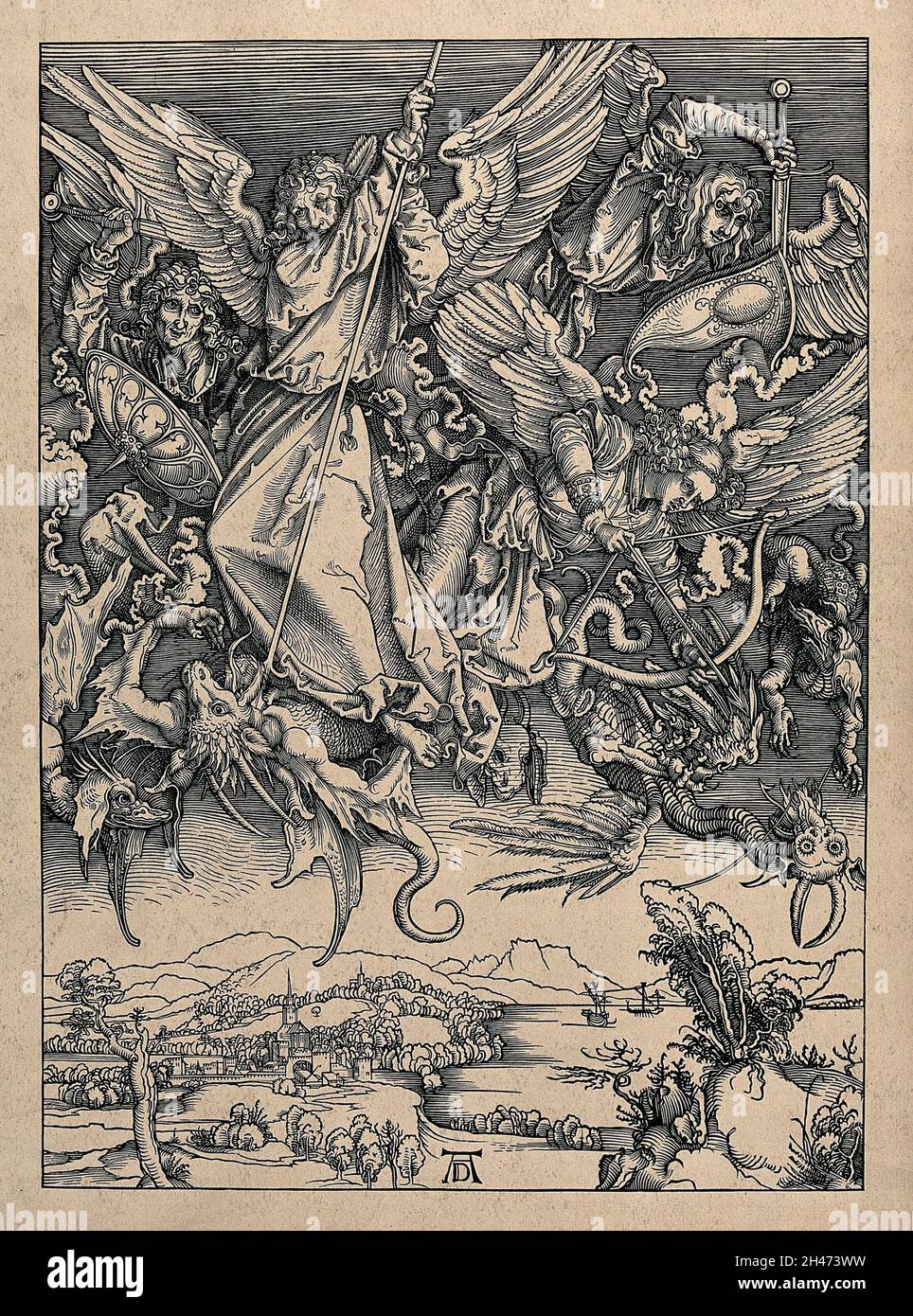 Saint Michael the Archangel. Woodcut by W. Ottley (?) after A. Dürer ...