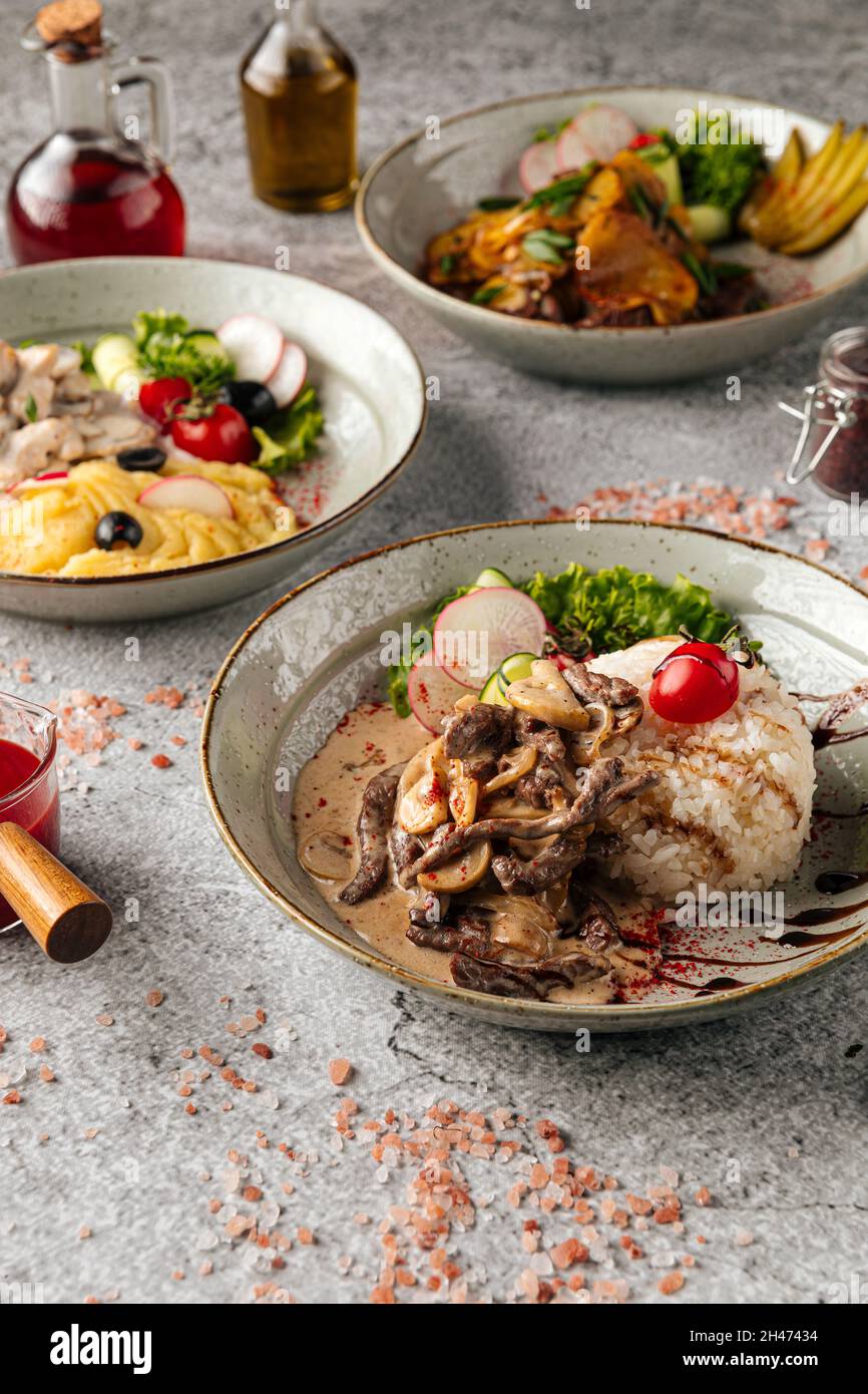 Various gourmet second course dishes Stock Photo - Alamy