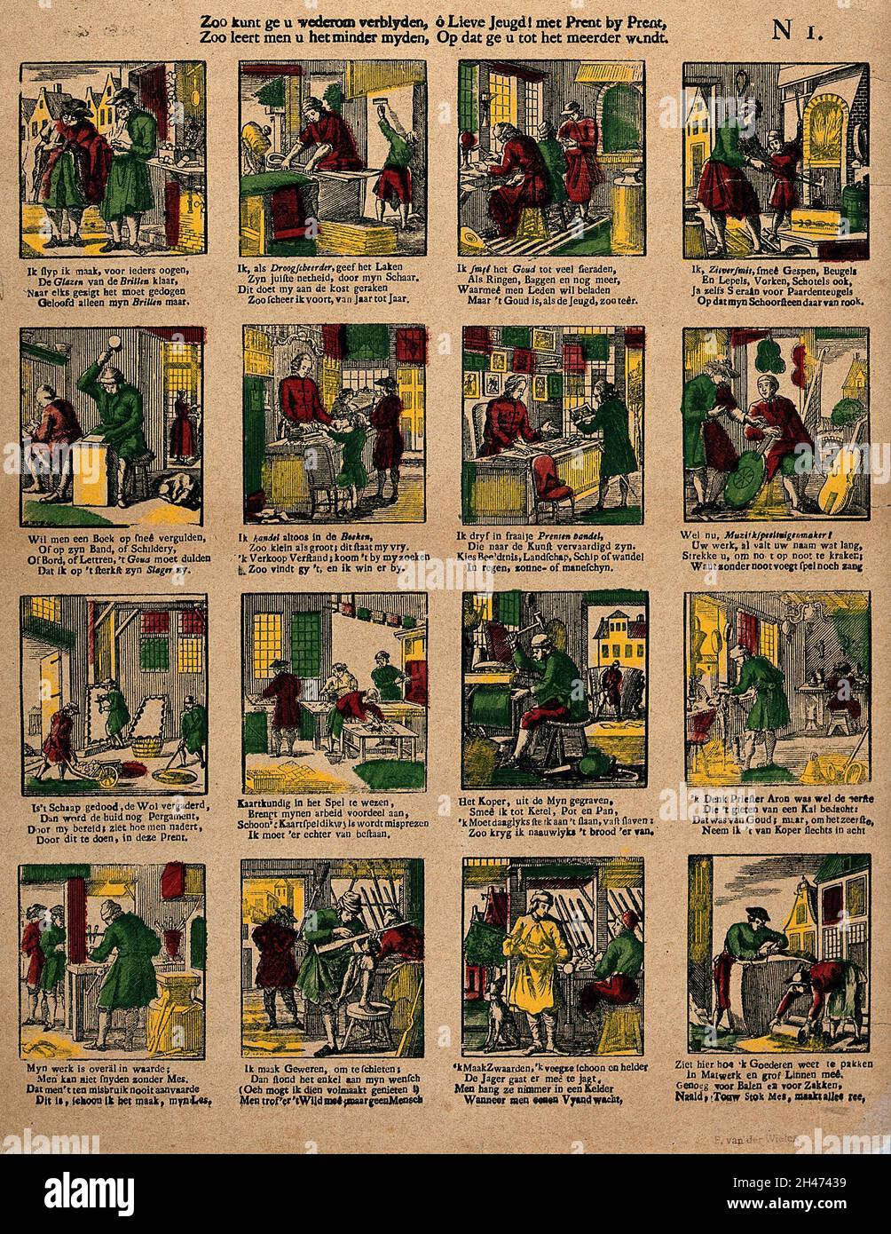 Men working at a variety of trades (?). Coloured engraving Stock Photo ...