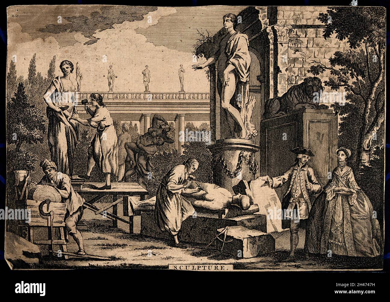 A sculptor's yard with sculptors working on statues; further completed ...