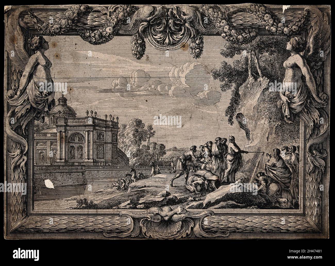 In front of a grand palace, Moses draws water from a rock. Etching by J ...