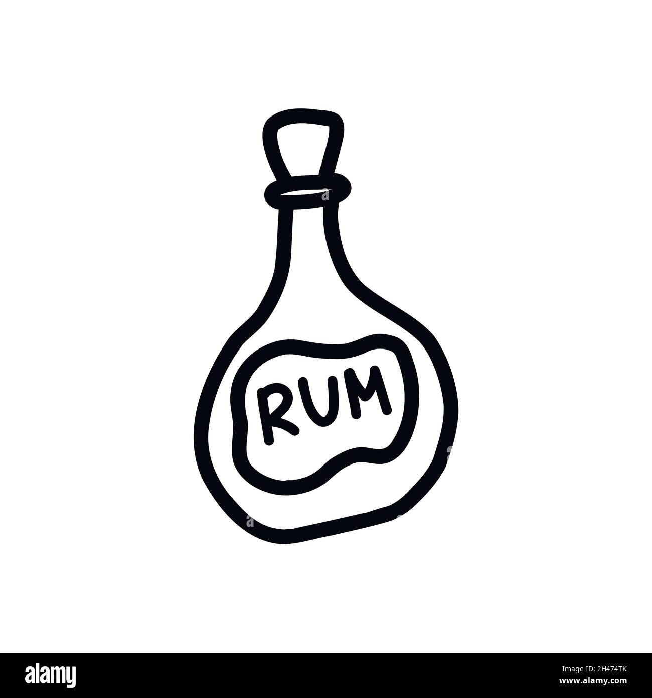 Bottle of rum. Alcoholic drink for pirate. Black and white vector ...