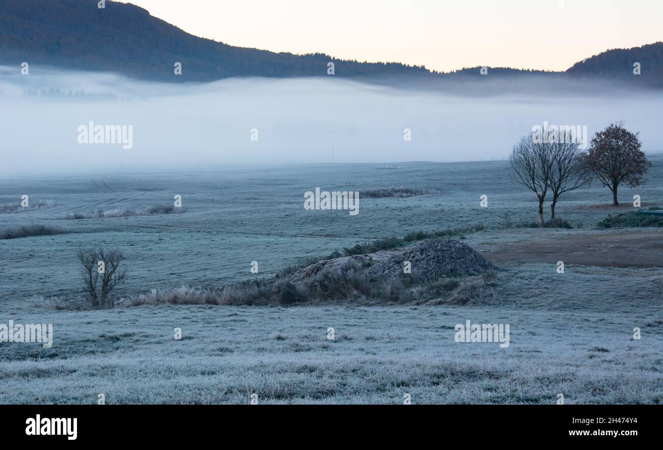 very cold and foggy on the high mountain plateau Stock Photo - Alamy