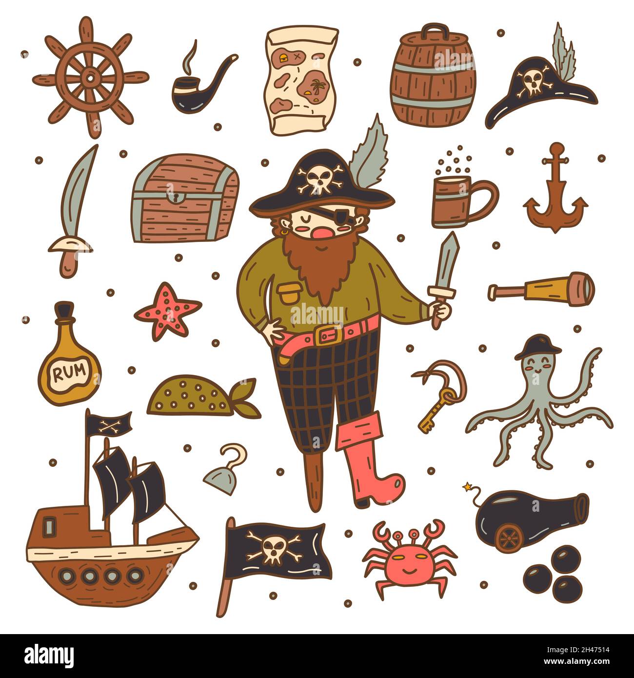 Pirate set. Bundle. Hat, hook and spyglass, treasure map and flag, ship ...