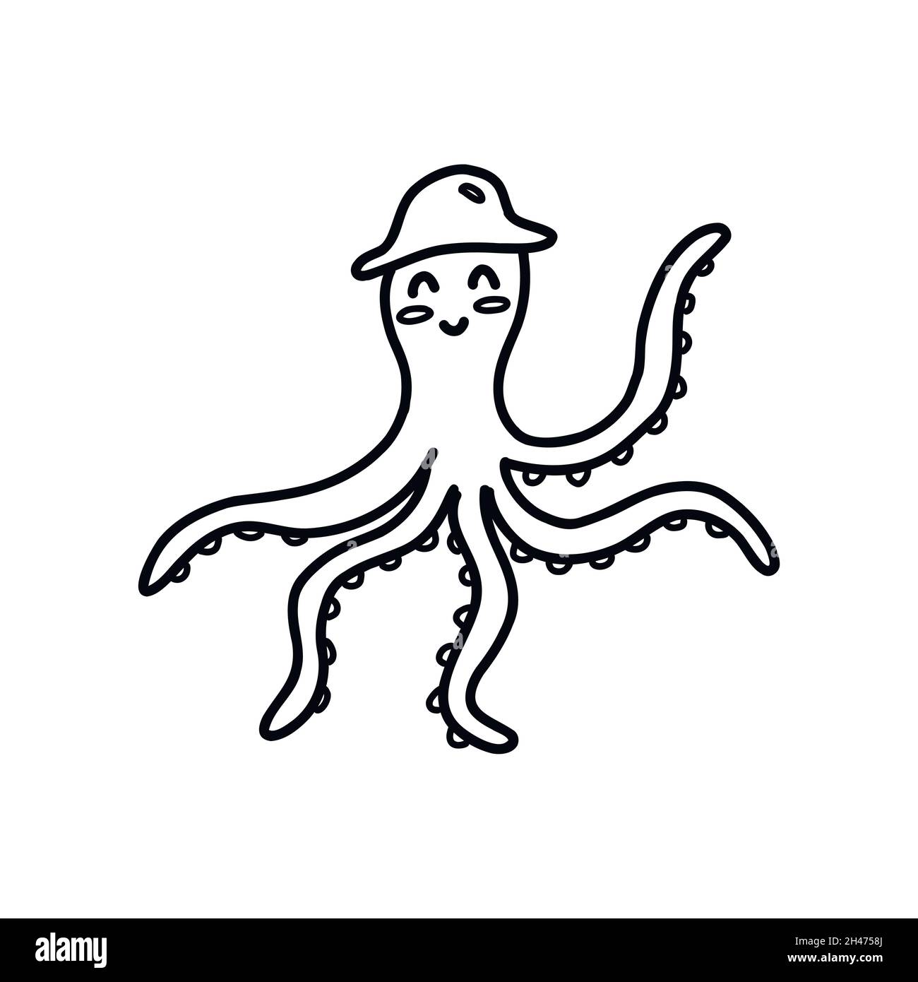 Happy octopus in a hat. Black and white vector isolated illustration ...