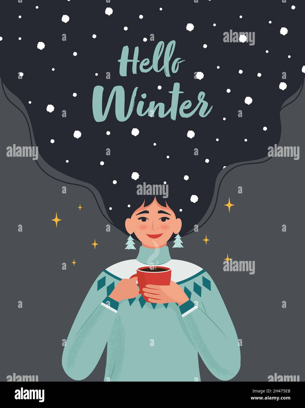 Girl in warm sweater with hot mug and with snow in her hair. Christmas and Happy New Year ...