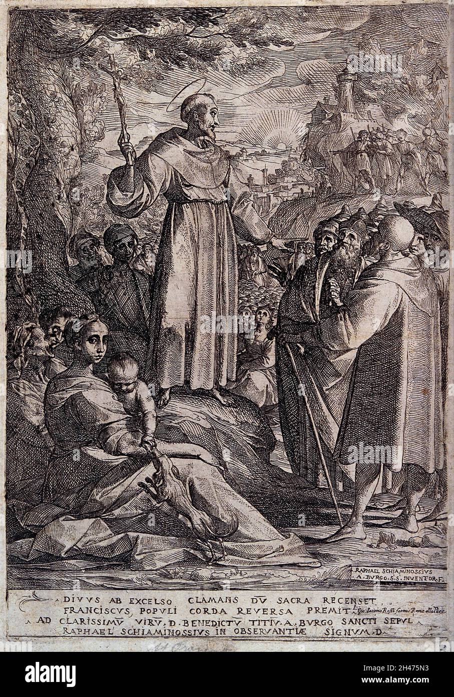 Saint Francis of Assisi holding a crucifix, preaching to a crowd of ...