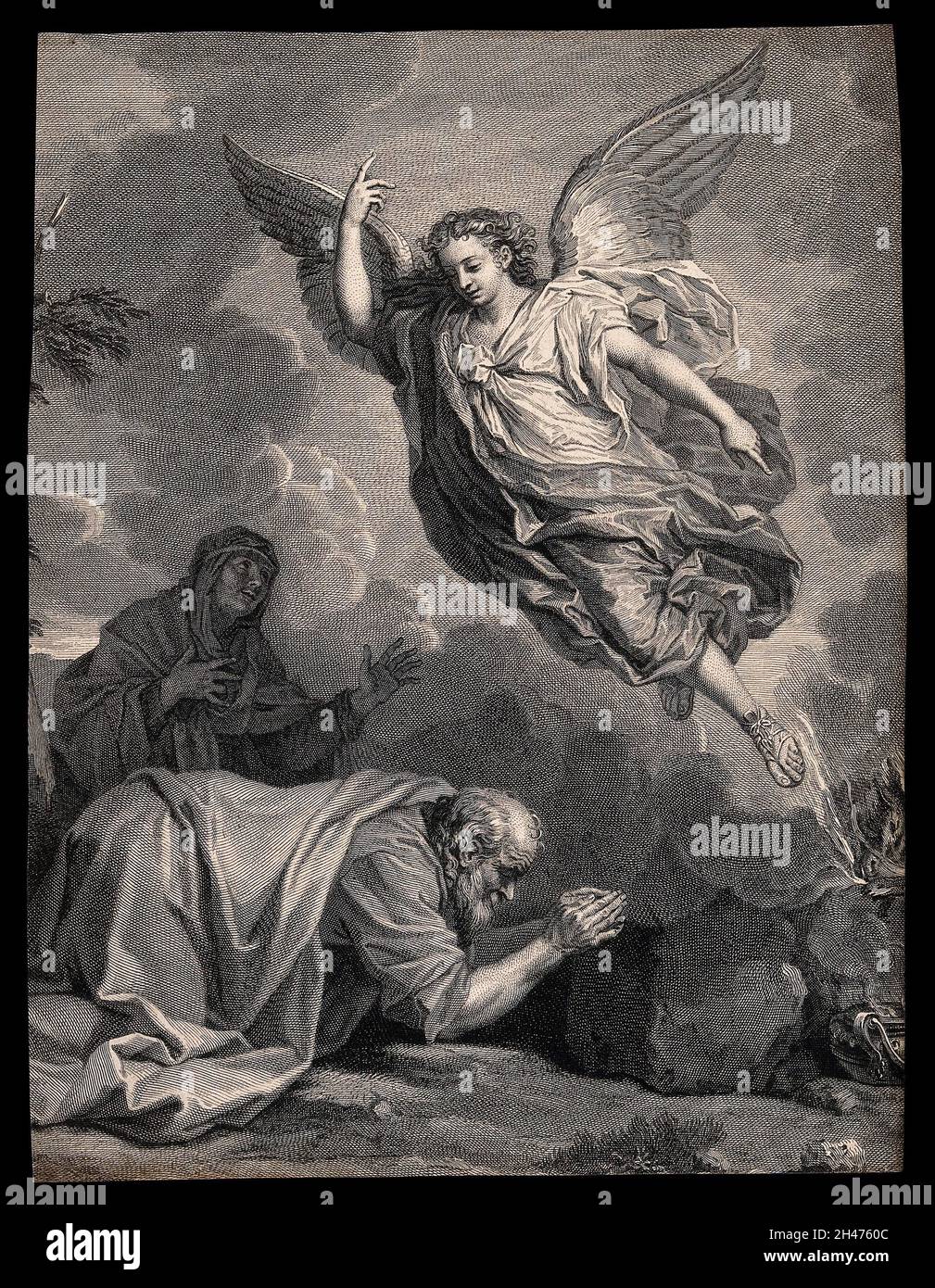 Manoah and his wife pray to an angel which emerges from the flame of their altar. Line engraving ...