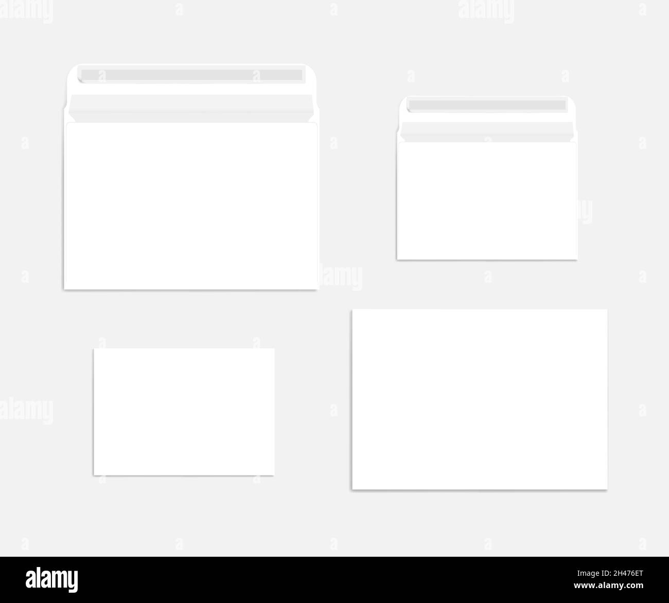 White blank self seal C5 and C6 envelopes, realistic mockup. Front and back. Open and closed ...