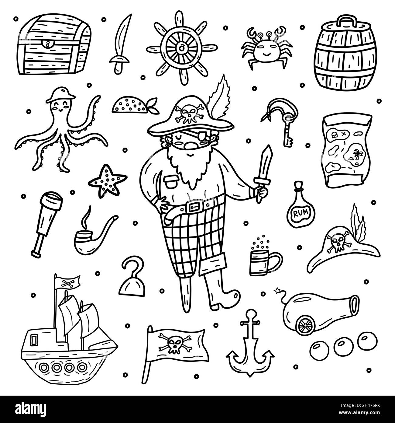 Pirate set. Bundle. Hat, hook and spyglass, treasure map and flag, ship ...