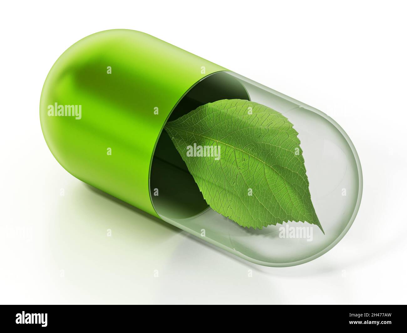 Green leaf inside the capsule pill. 3D illustration Stock Photo - Alamy