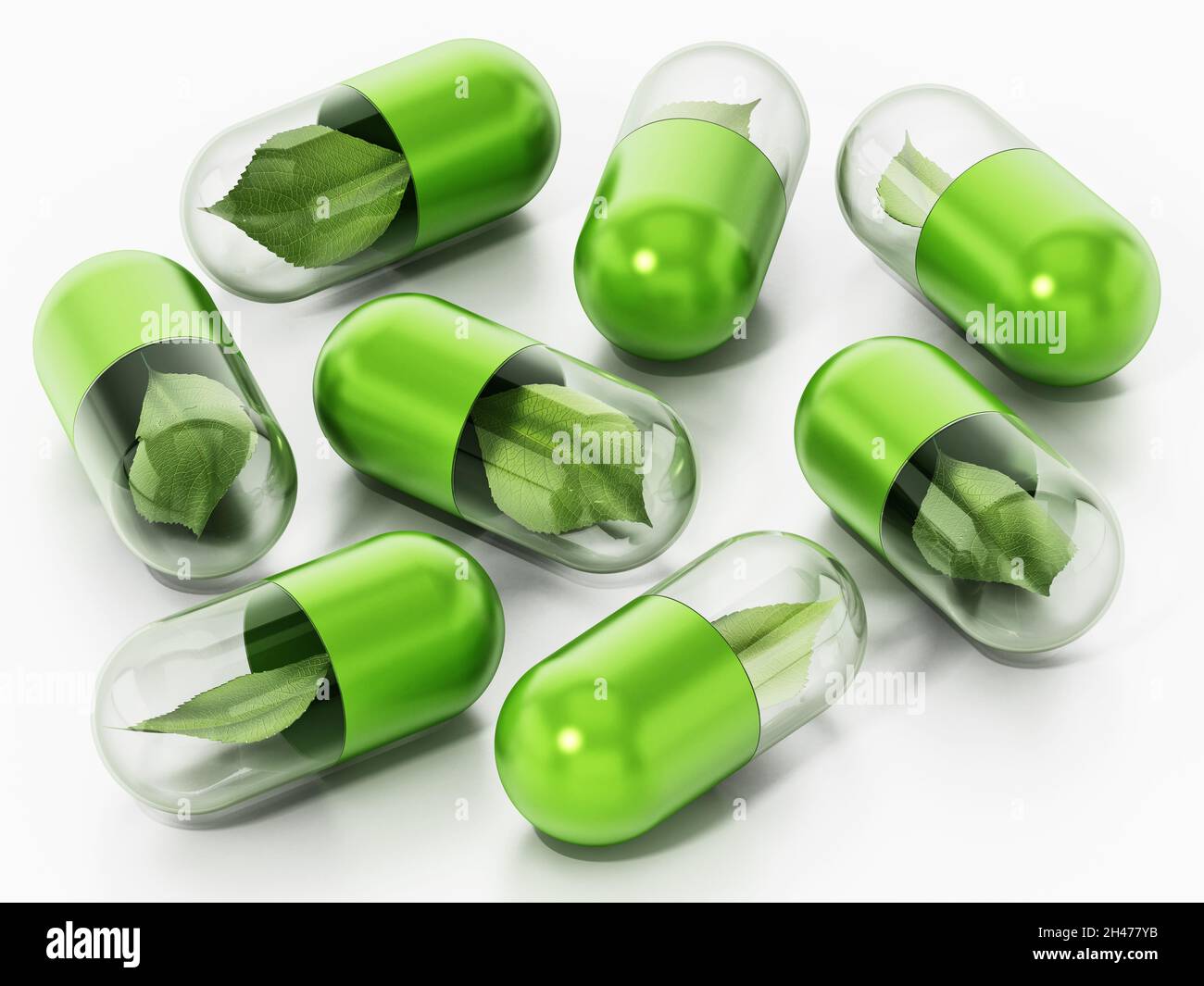 Green leaves inside capsule pills. 3D illustration Stock Photo - Alamy