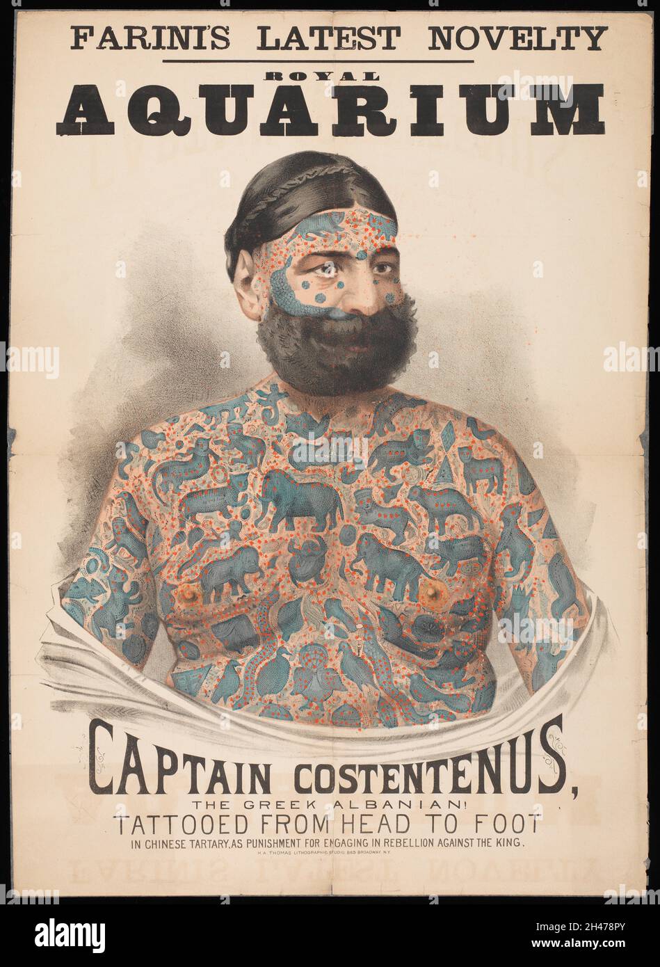 Captain Costentenus, a man with many tattooes on his body. Colour ...