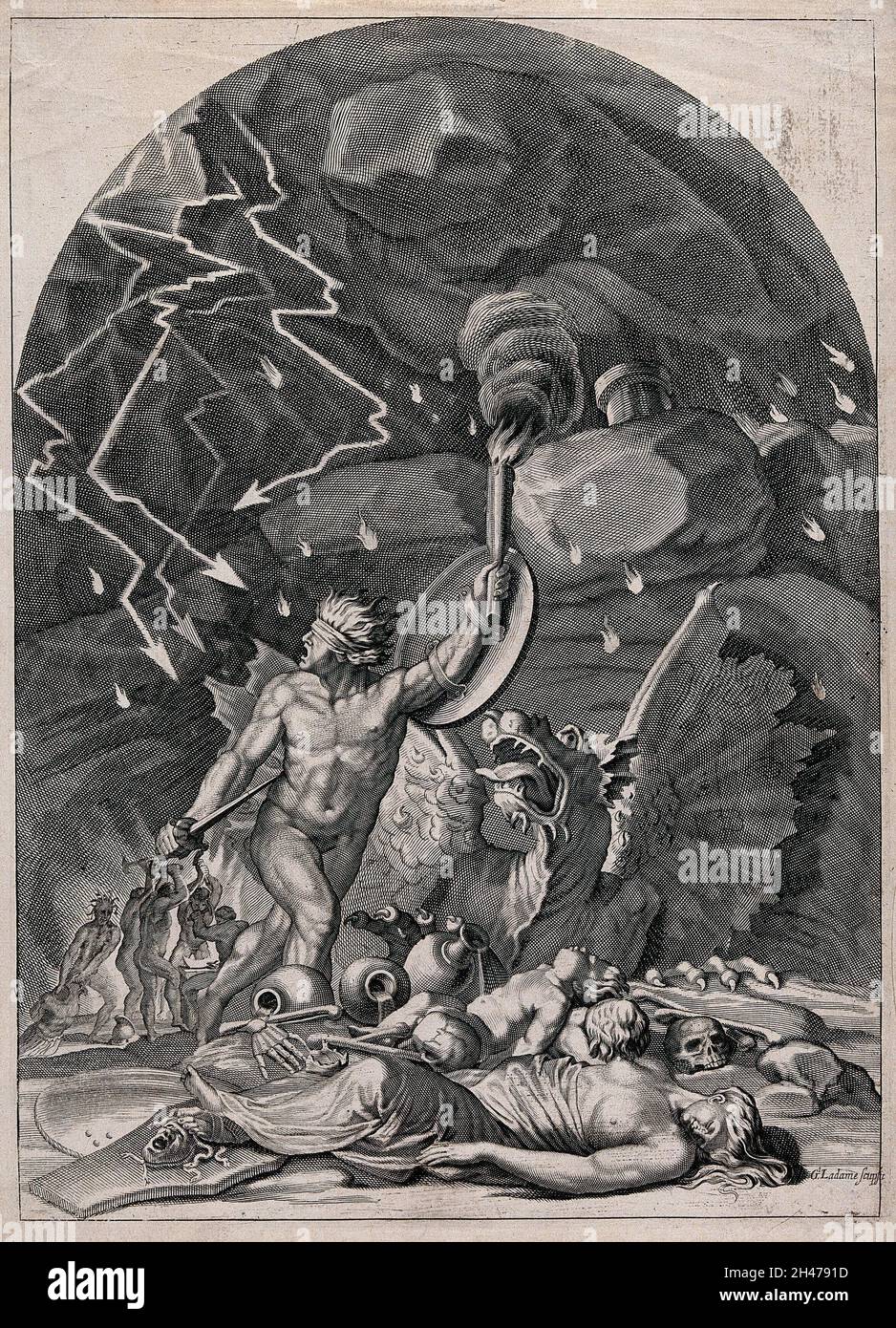 The harrowing of hell (?). Engraving by G. Ladame Stock Photo - Alamy