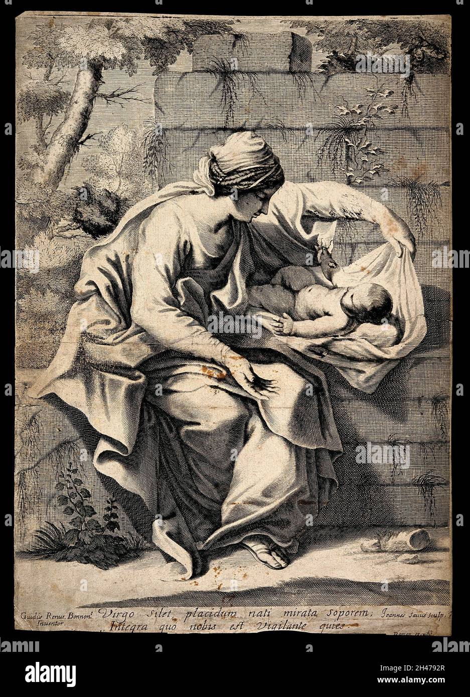 The Virgin Mary with the baby Jesus. Engraving by J. Sauvè after G ...