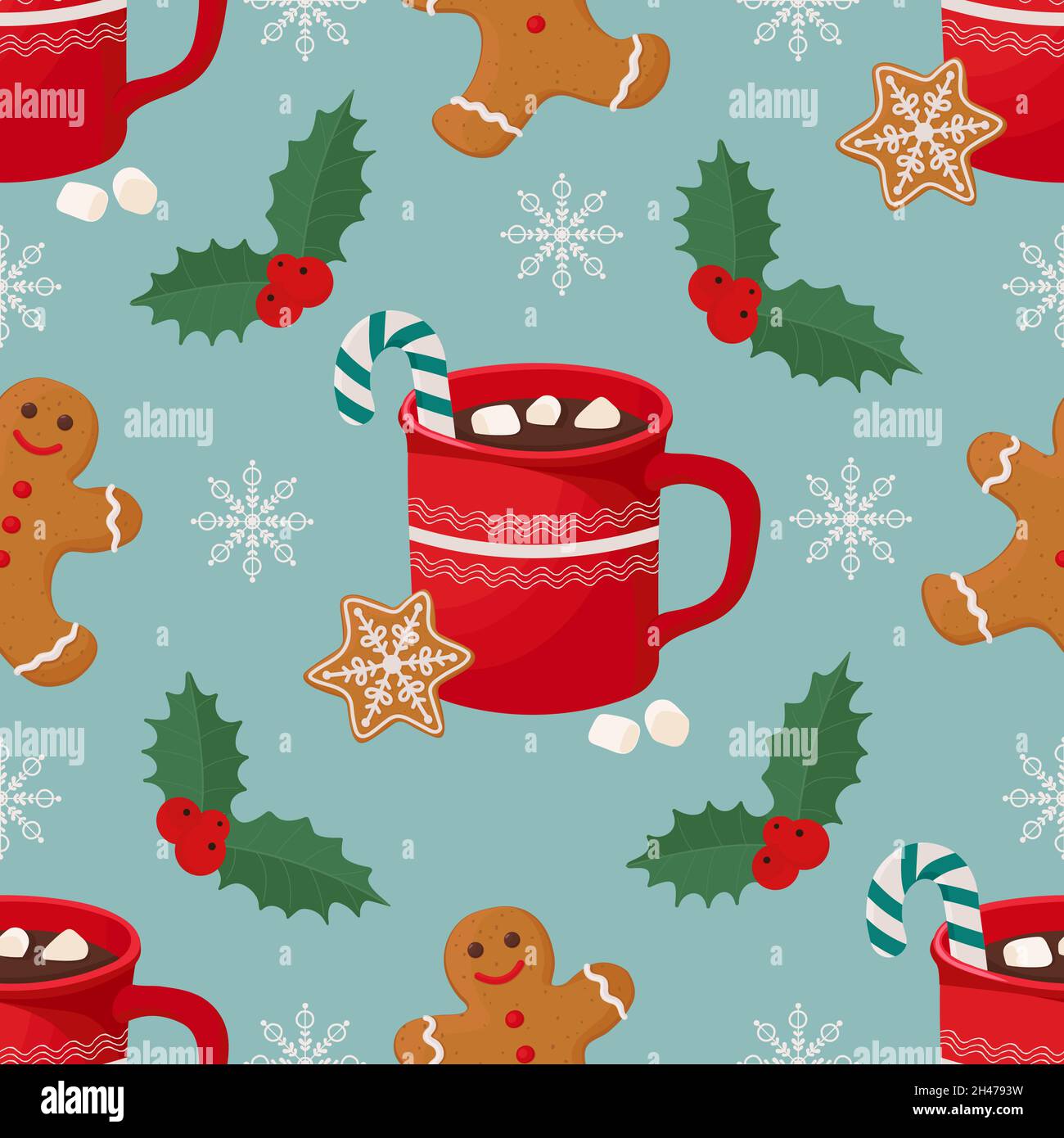 Christmas seamless pattern with hot chocolate and gingerbread. Vector ...
