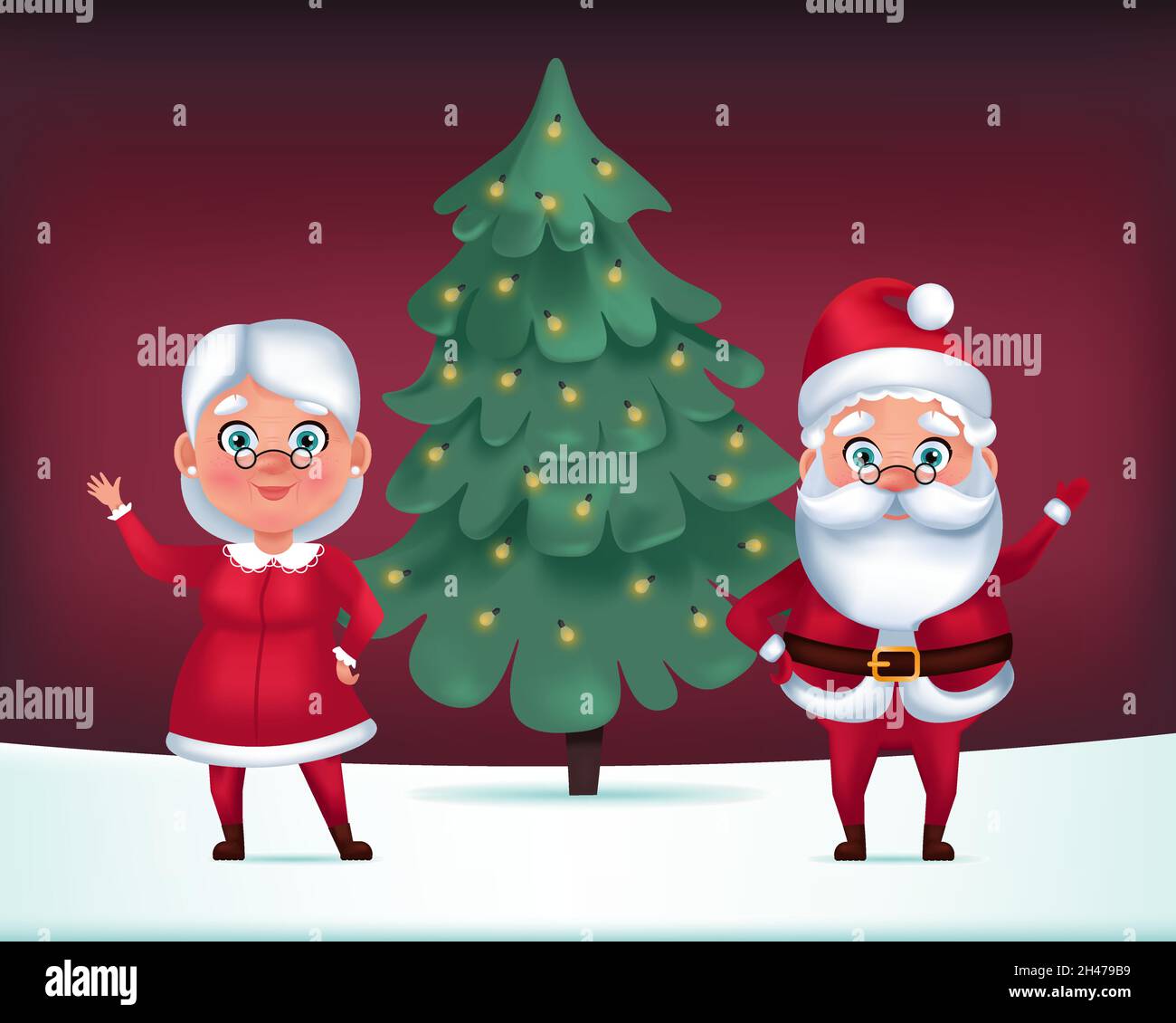 Mrs Claus and Santa Claus near Christmas tree. Cute vector isolated ...