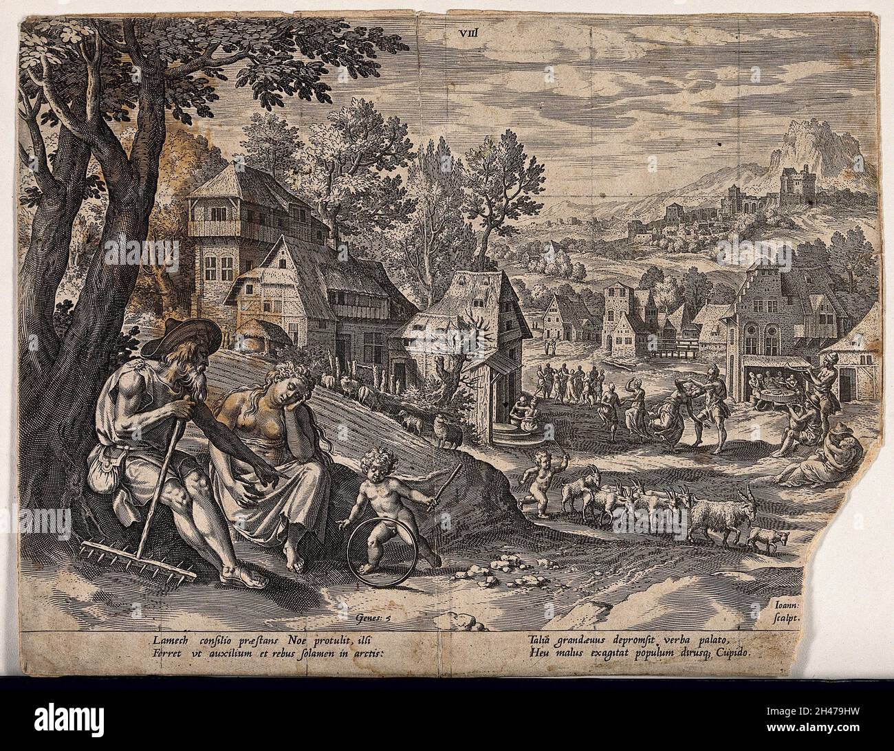 Lamech, holding a farming implement, points at a child; down in the ...