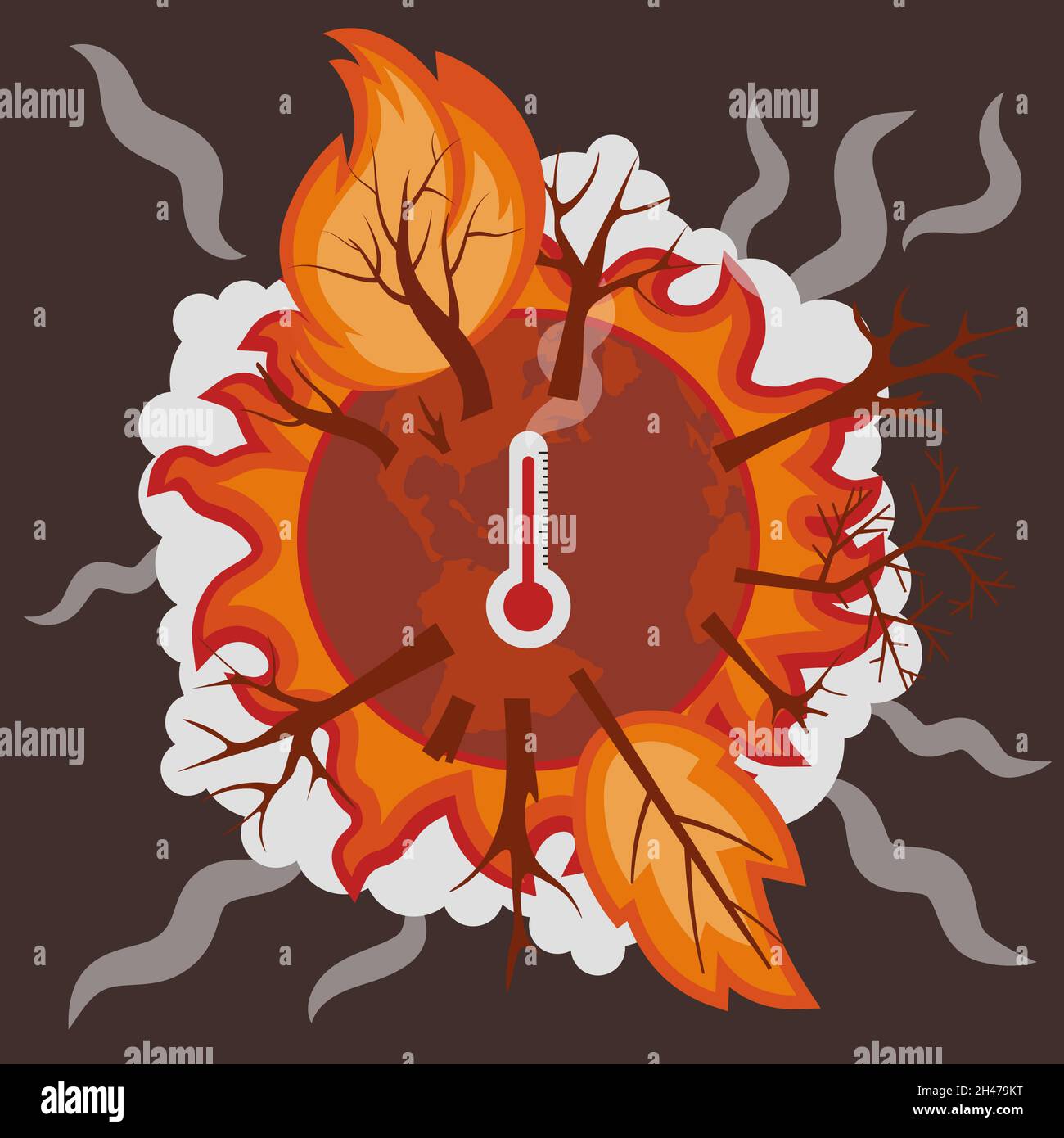 Climate change concept. Illustration of planet in big fire, temperature ...
