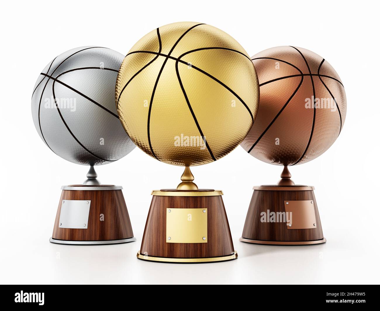 Gold, silver and bronze basketballs on wood pedestals. Basketball first ...