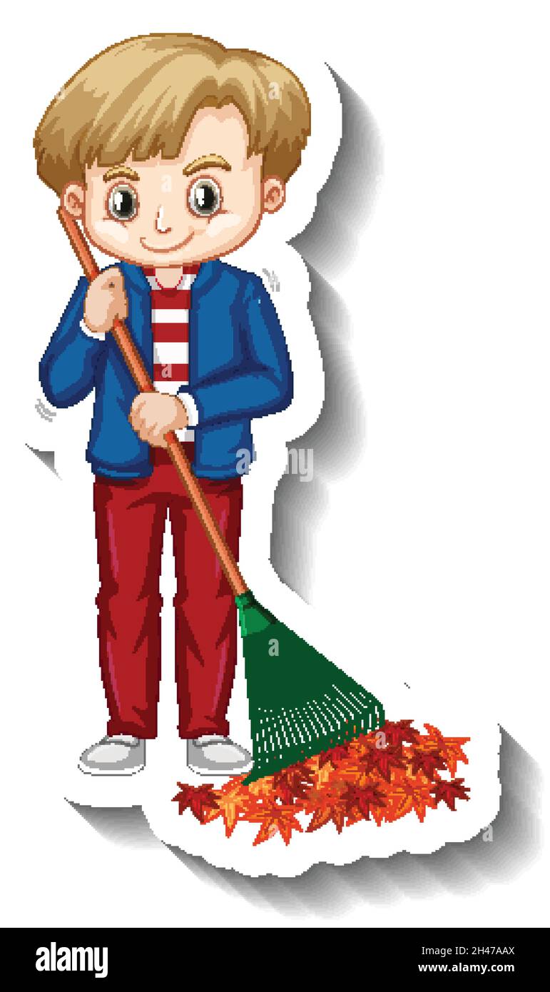 Boy raking leaves cartoon sticker on white background illustration ...